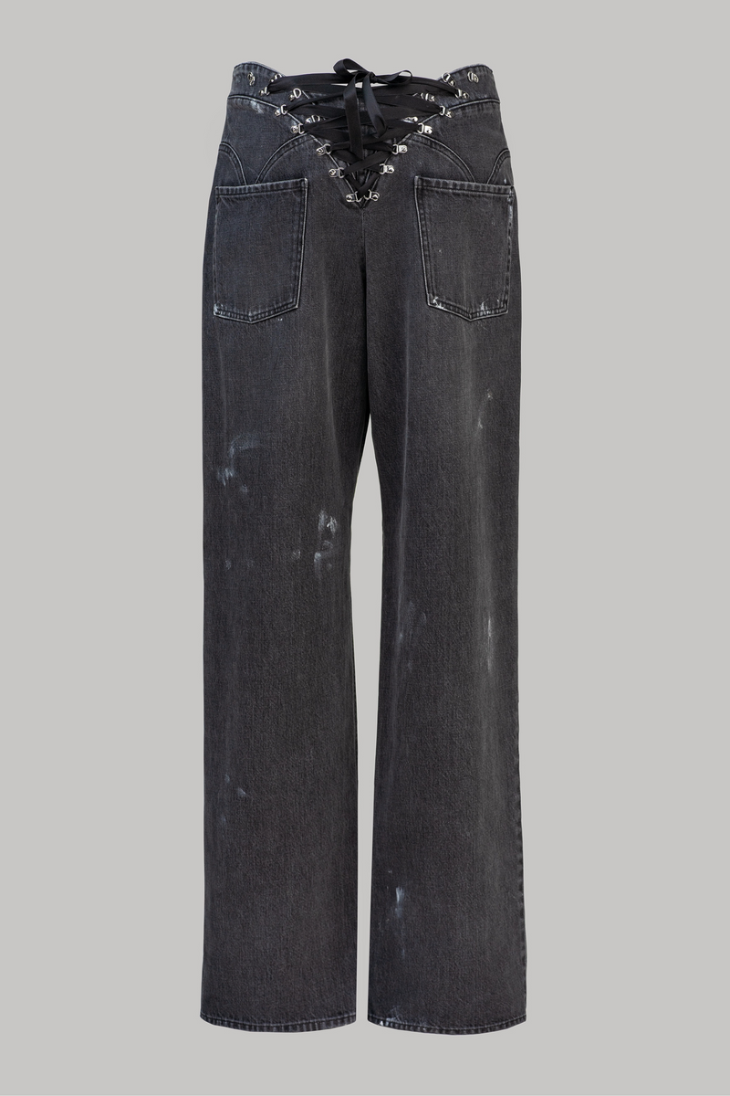 Pull to Open Jeans in Washed Black Denim and Black Lace-Up Detail ...