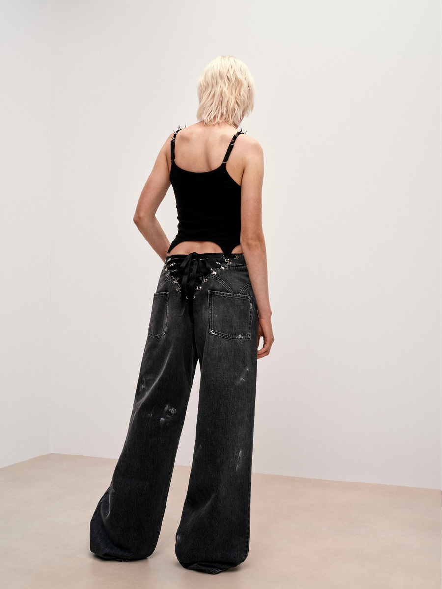 Pull to Open Jeans in Washed Black Denim and Black Lace-Up Detail ...